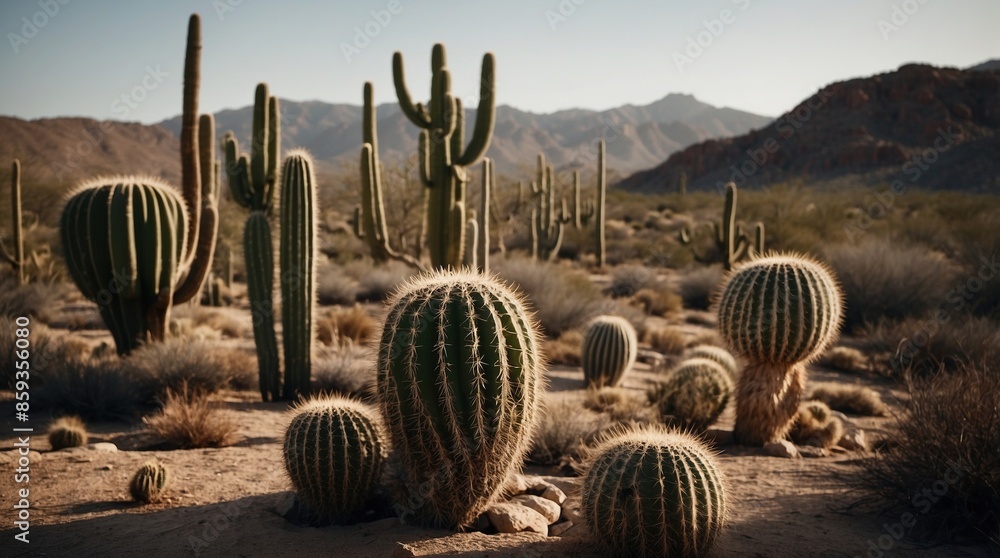 cacti growing in a dry, rocky area. The scene should depict various ...