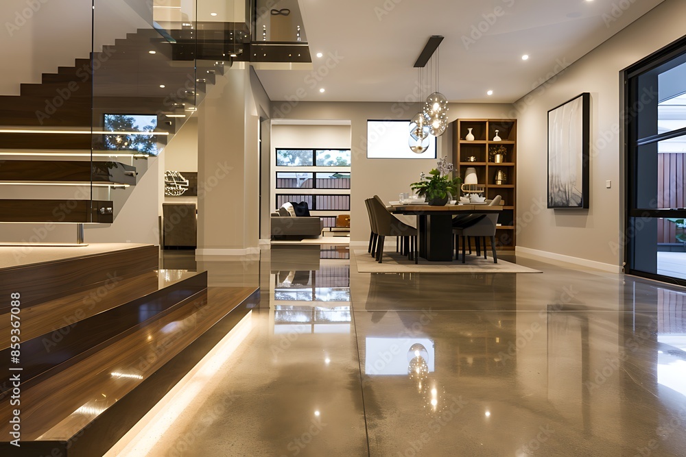 The foyer of a contemporary suburban house with a floating staircase ...