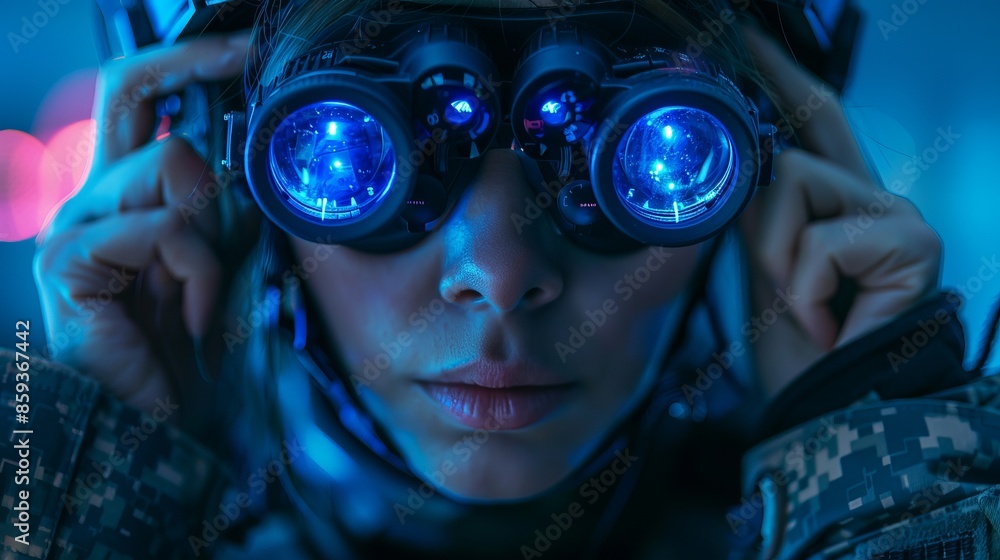 A woman in black military gear wearing night vision goggles is holding ...