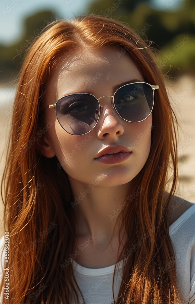 Beautiful woman with open hair, wearing sunglasses and a white T-shirt ...