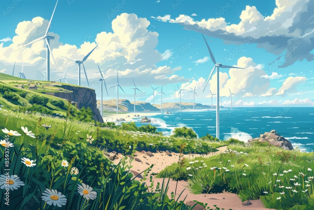 Clipart illustration of a coastal wind farm with several wind turbines ...