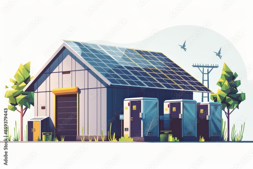 Clipart illustration of a battery storage facility paired with solar ...