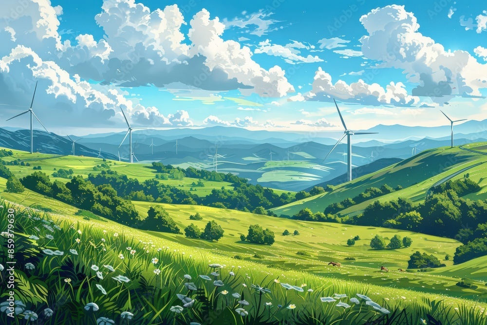 Clipart illustration of wind turbines on a rolling hill landscape ...