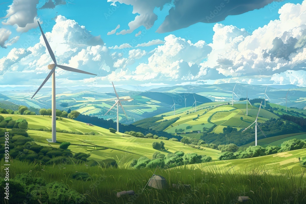 Clipart illustration of wind turbines on a rolling hill landscape ...