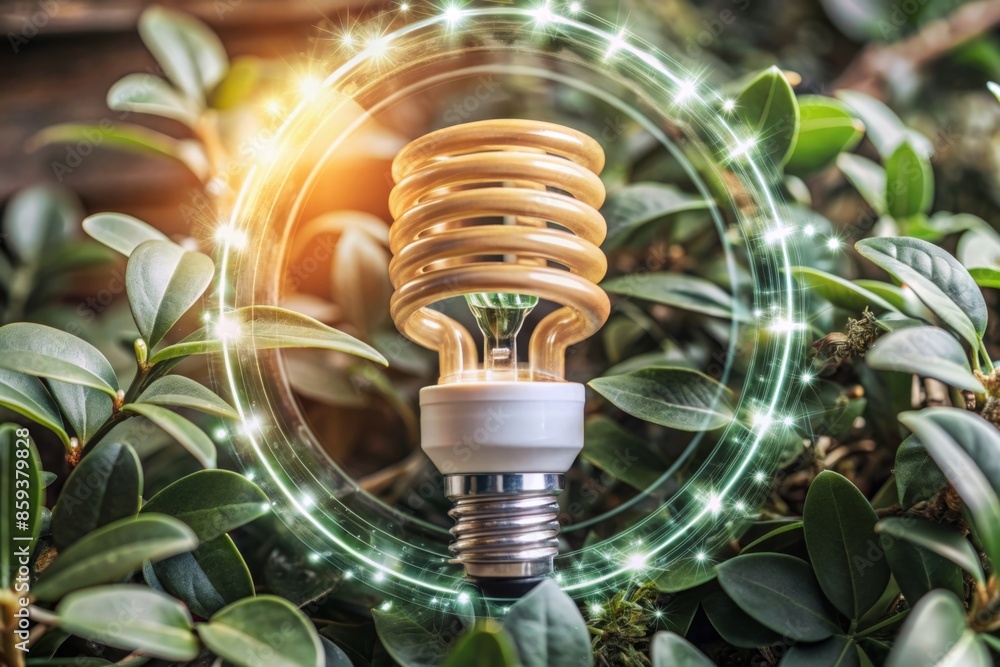 wireless light bulb enveloped by a spiral of green leaves, with the leaves gradually ...