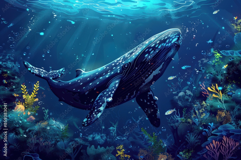 Realistic illustration of AI monitoring ocean ecosystems, aiding in the ...
