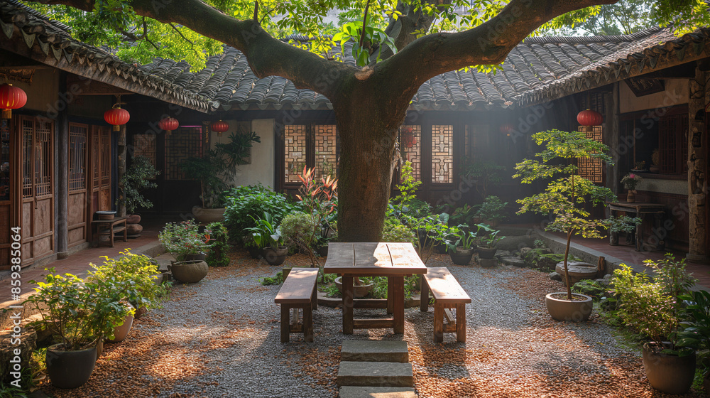 Chinese-style courtyard, shaded by trees, with an old banyan tree in ...