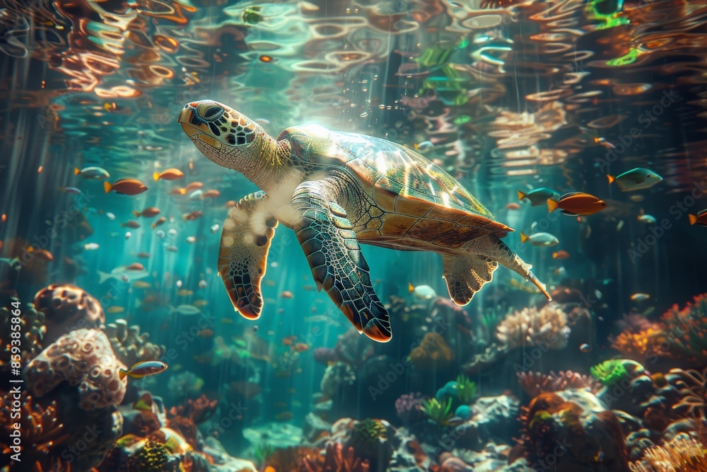 Stunning Underwater Scene of Sea Turtle Swimming Amidst Vibrant Coral ...