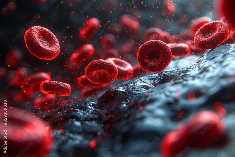 Vivid Red Blood Cells in Circulation, Detailed Microscopic View Showing ...