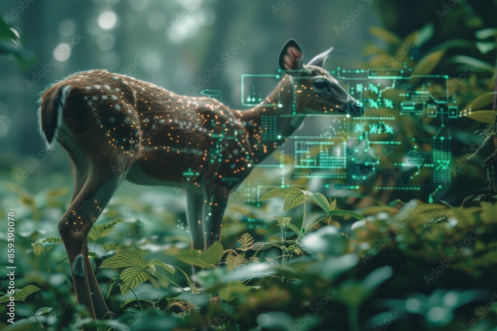 Realistic depiction of AI monitoring wildlife populations and habitats ...