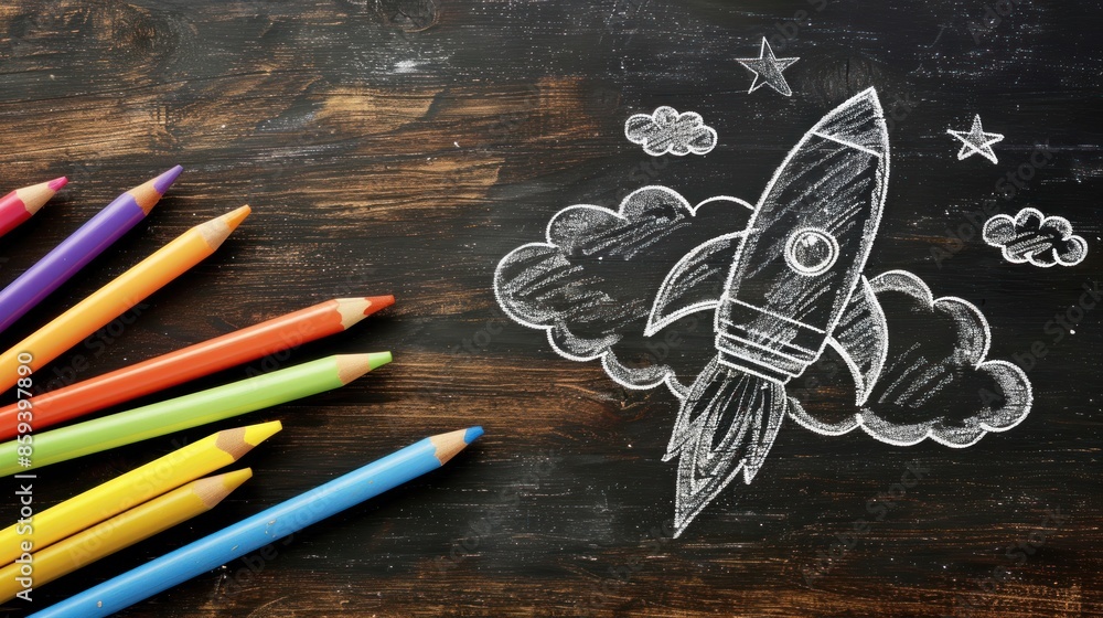 Blackboard with chalk drawing of rocket and sky on background. Back to ...