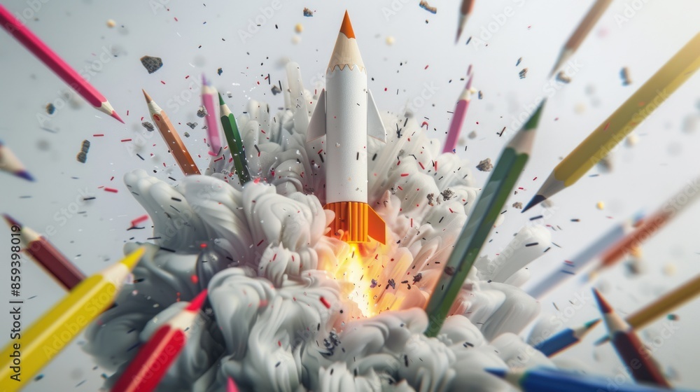 Pencil rocket exploding out of the bottom with smoke from an engine on ...