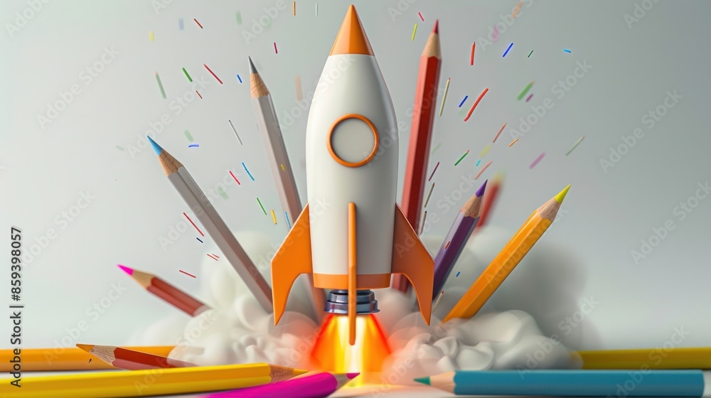 Pencil rocket exploding out of the bottom with smoke from an engine on ...