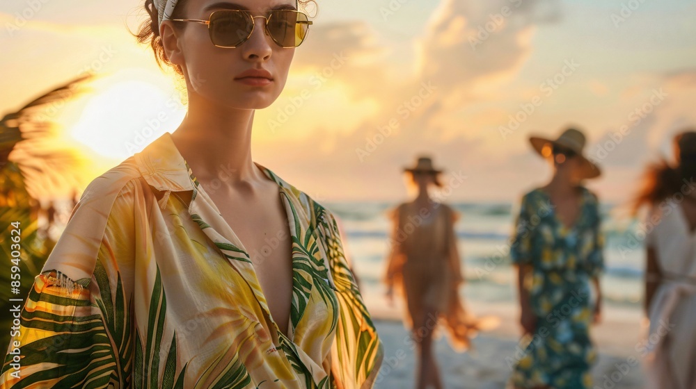 A runway show on a beach at sunset, with models walking on a sandy path ...