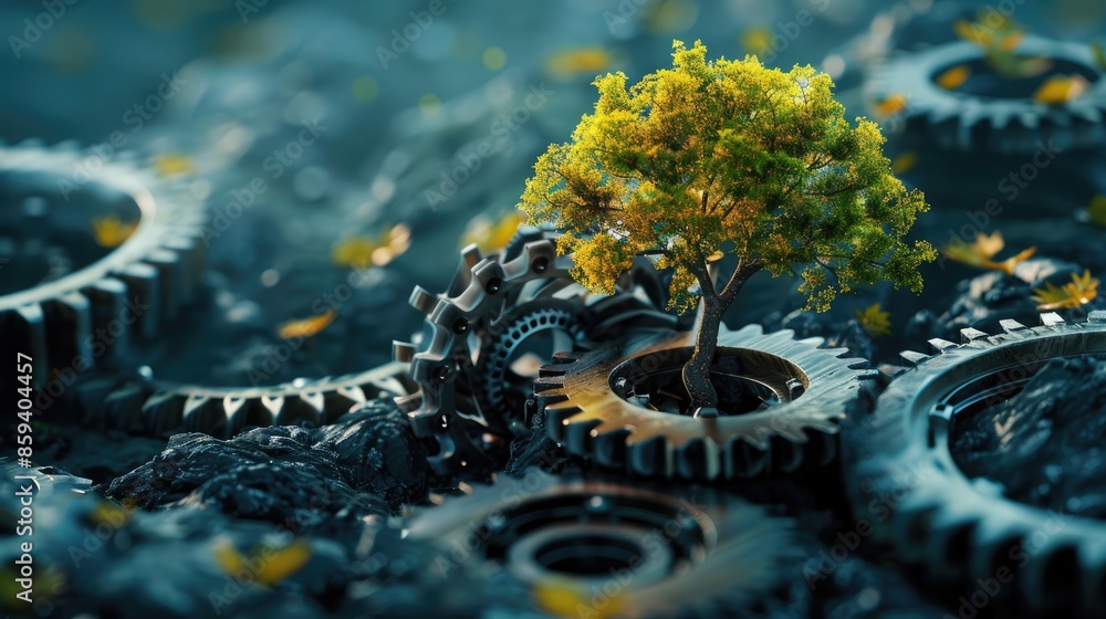 Spinning gears transforming into a growing tree, symbolizing growth and ...