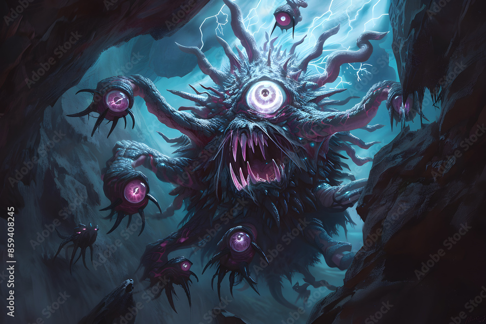 A high-resolution illustration of a fearsome beholder floating menacingly in a dark cavern, with ...