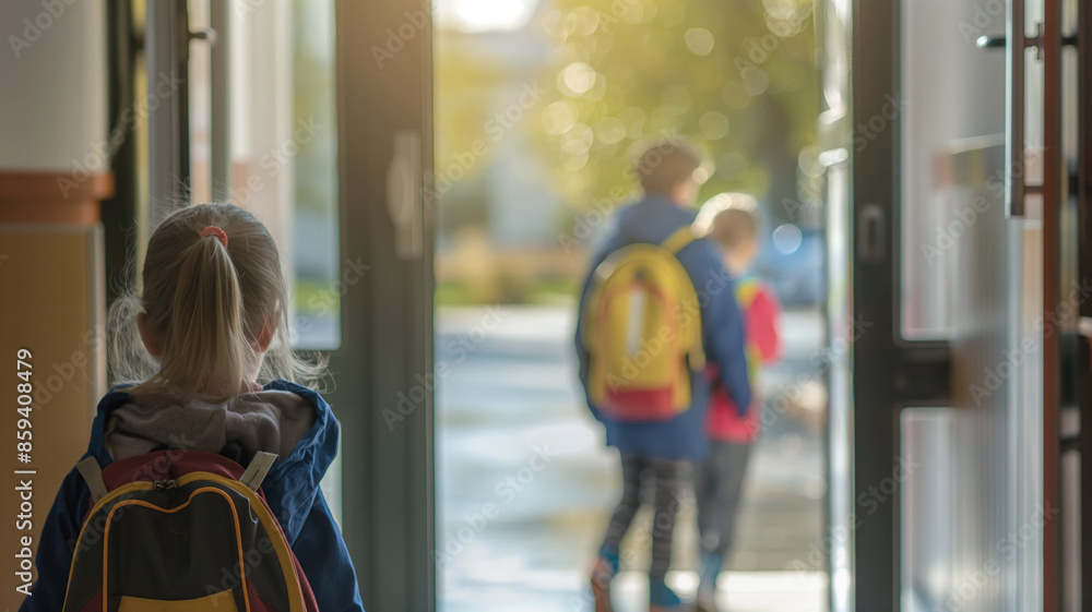 Children with backpacks walking out of school building into sunlight ...