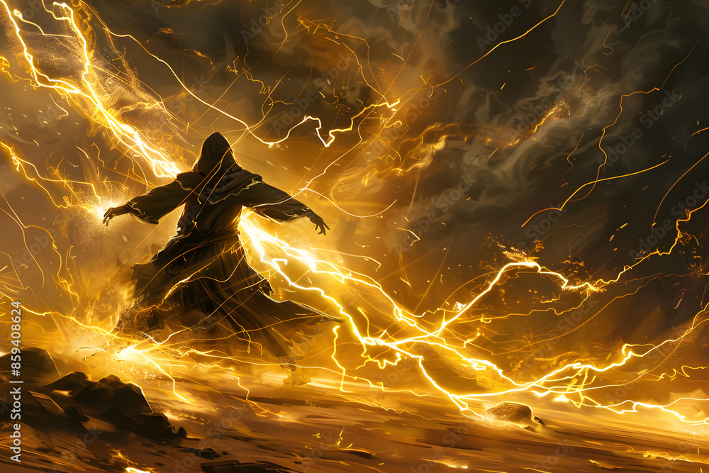 A high-resolution illustration of a sorcerer casting a lightning bolt ...