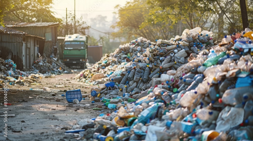 Piles of plastic waste ready for recycling, capturing the scale and ...