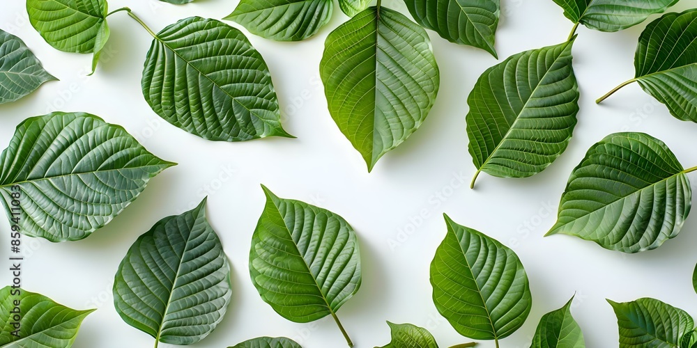 Fresh kratom leaves of Mitragyna speciosa on a white background ...