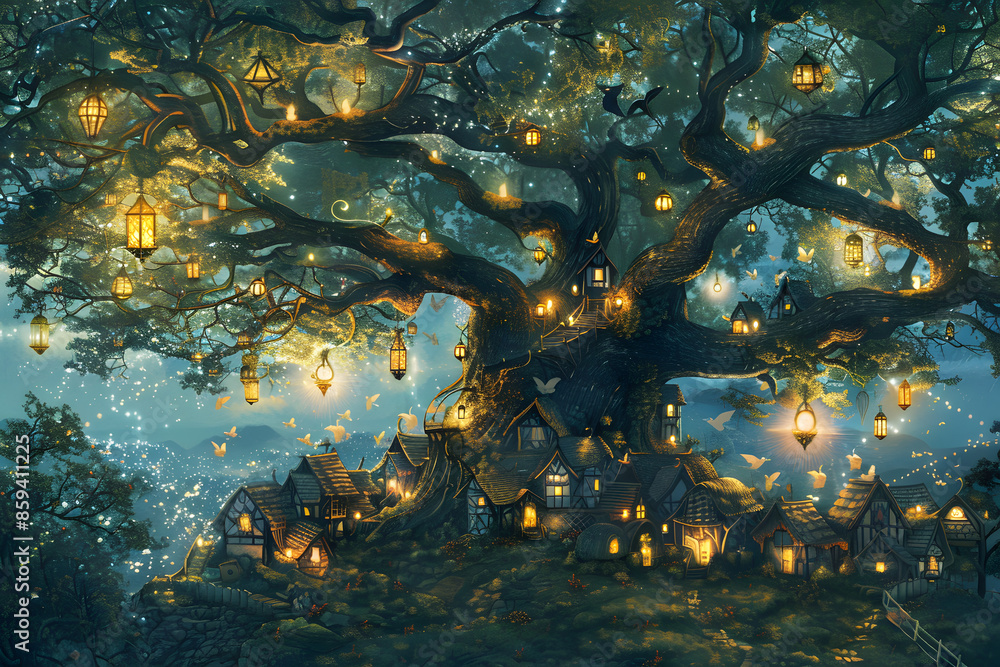 A detailed illustration of a fairy village nestled in the branches of a ...