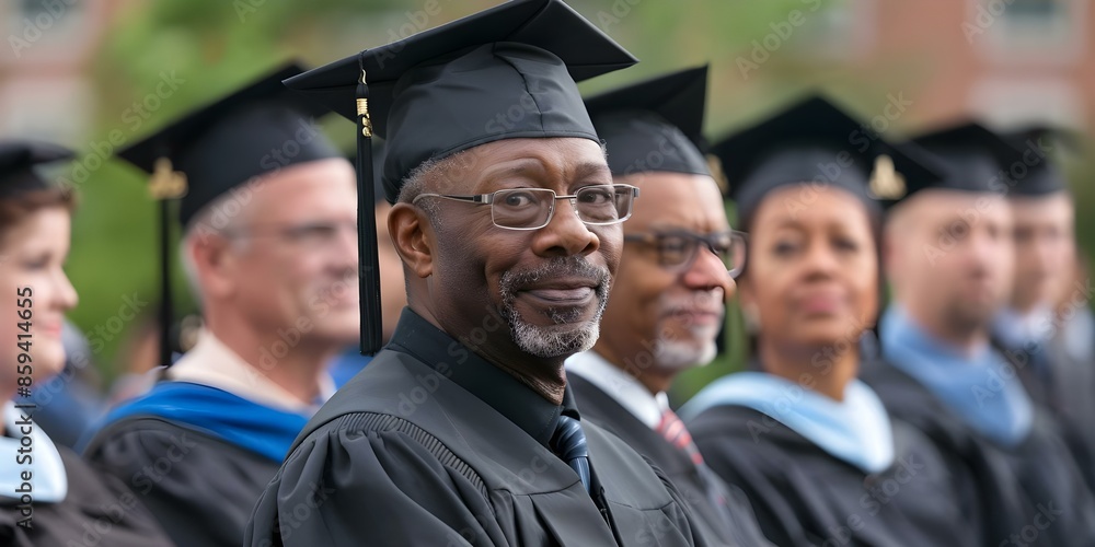 Diverse senior graduates in caps and gowns at graduation ceremony ...