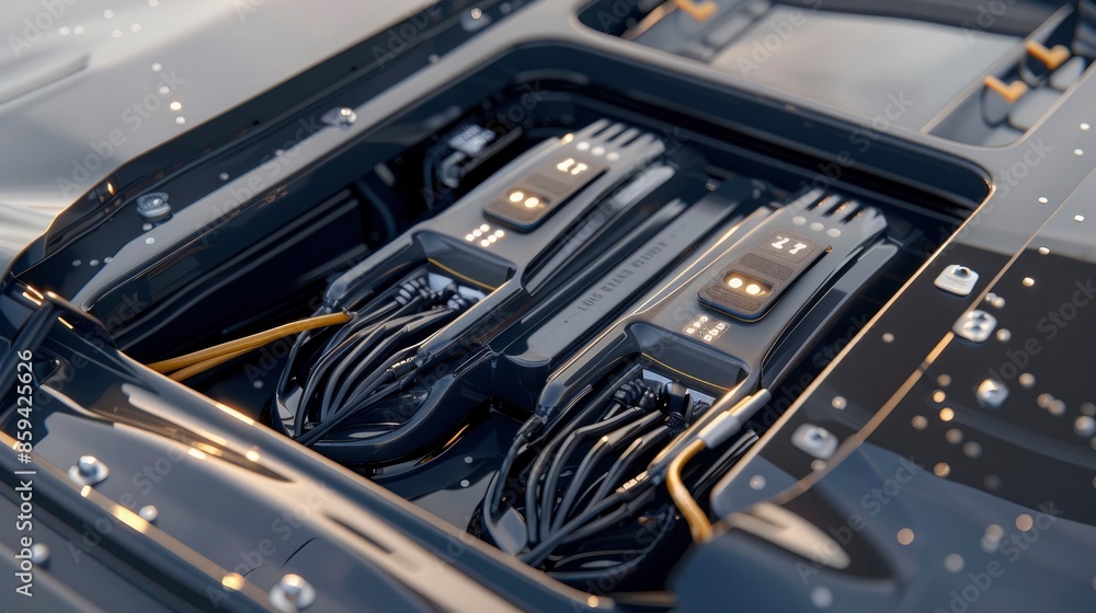 Close-up rendering of an electric vehicle battery terminal and power ...