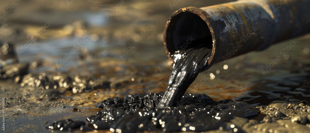 Thick, black sludge flows from a rusty pipe onto muddy ground ...