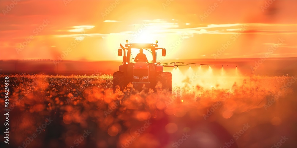 Tractor spraying crops at sunset infrared banner for agriculture food ...