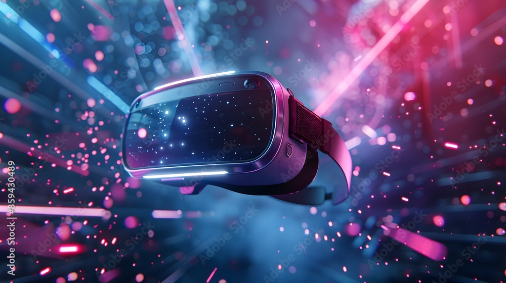 Virtual reality headset floating in the air with neon lights and sparks ...