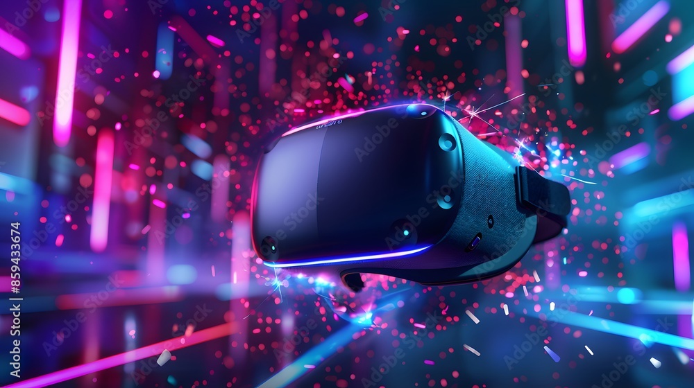 Virtual reality headset floating in the air with neon lights and sparks ...