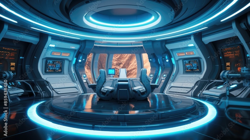 Futuristic spaceship interior with blue. Sci-fi control room concept ...