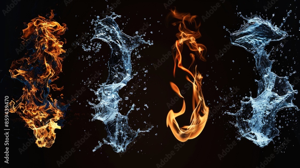 Four different types of fire and water on a black background, suitable ...
