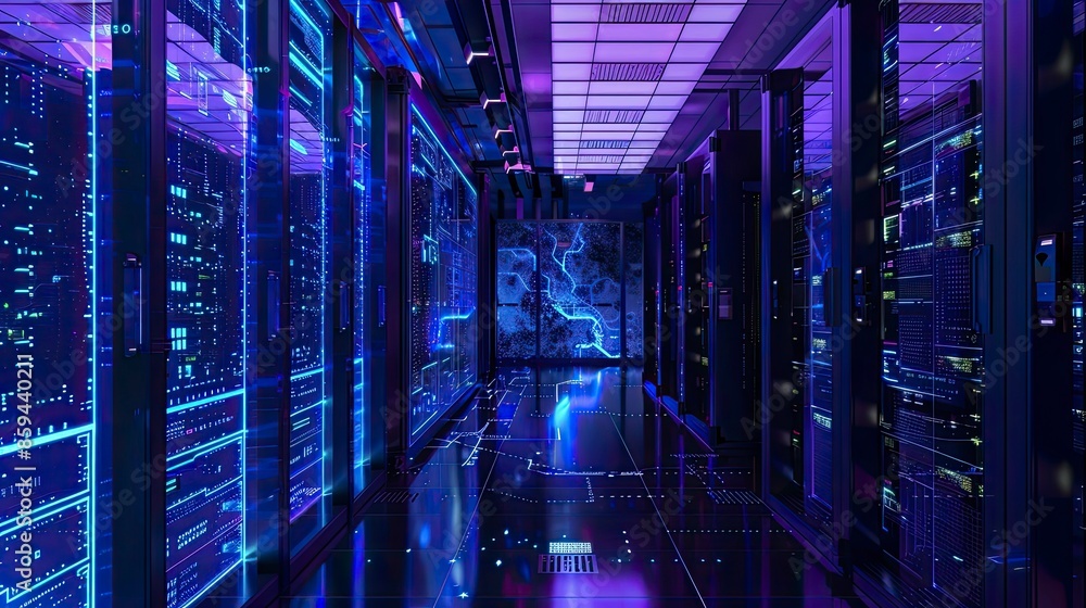 3D rendering of a secure server room with holographic displays showing ...
