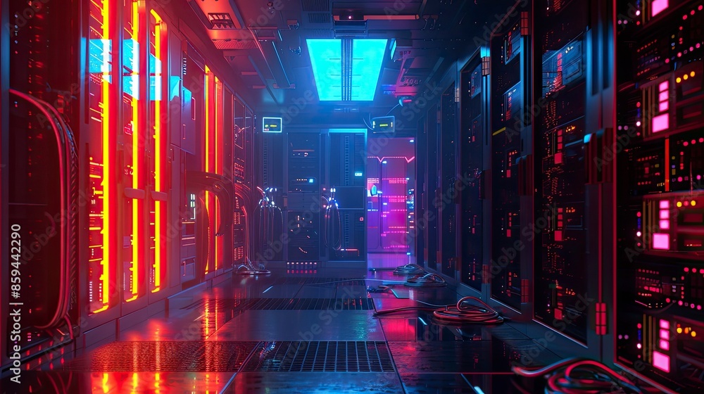 3D visualization of a secure server room with cybersecurity protocols ...