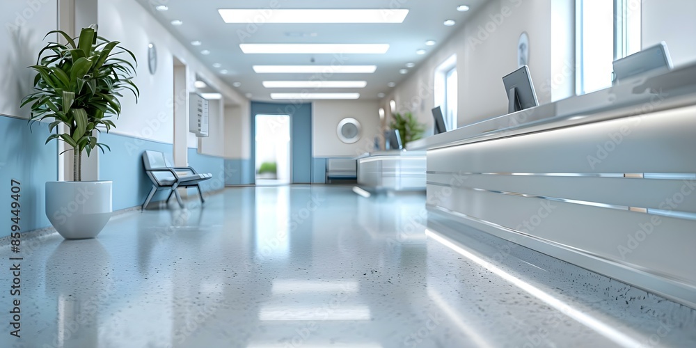 Sterile hospital lobby with unoccupied reception area healthcare ...