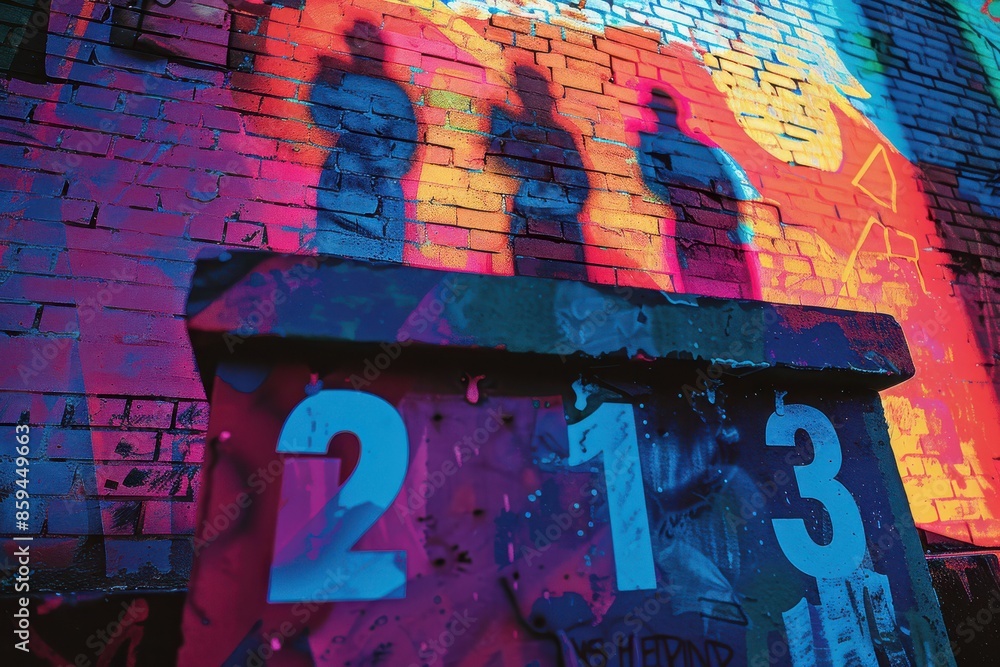 Colorful graffiti art on a brick wall with shadows of people and a ...