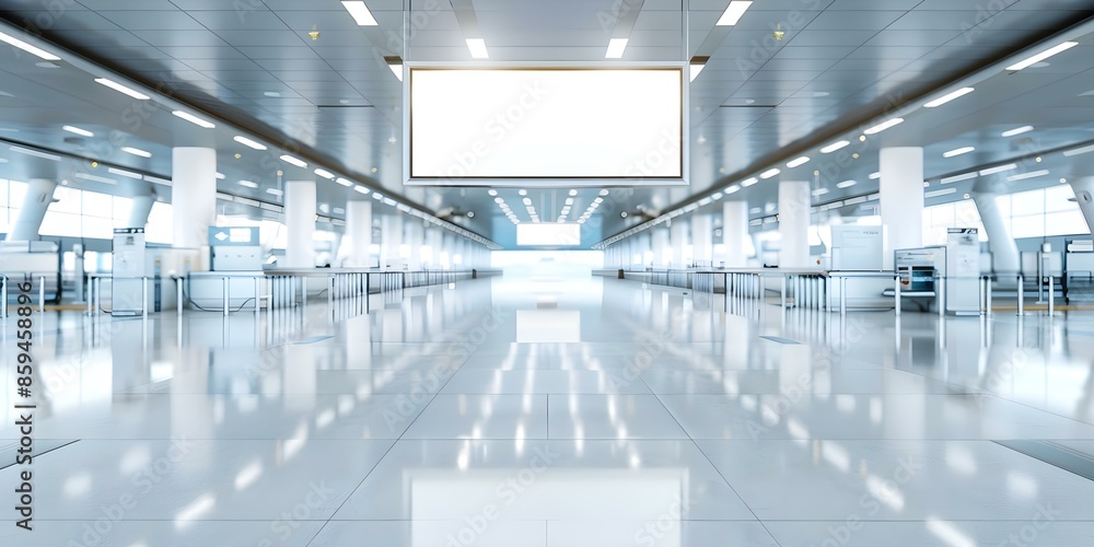 Billboard mockup displayed above check-in counters in a contemporary ...