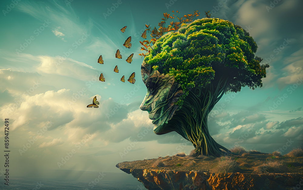 Tree brain with human head cave, idea concept of think hope freedom and ...