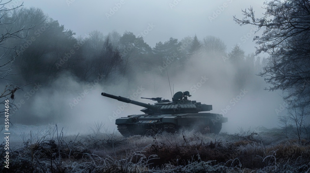 An Military tank M1 Abrams shrouded in morning fog, slowly emerging ...