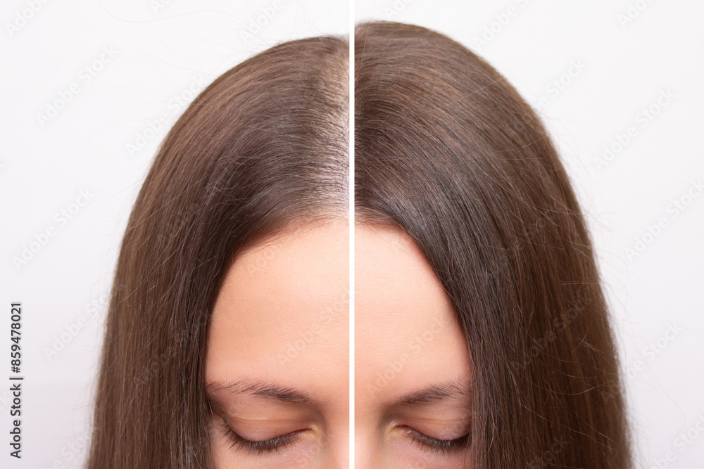 Before and after head shot of a young woman with a receding hairline on ...