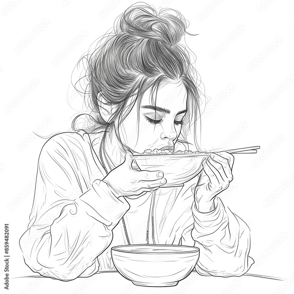 Monochrome Sketch of a Woman Eating with Chopsticks - Detailed Line Art ...