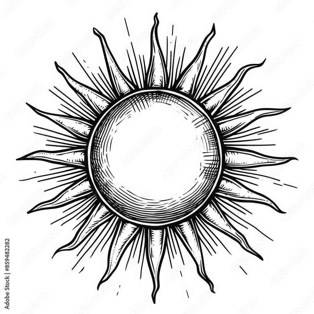 Hand-Drawn Sun Illustration with Radiating Rays in Vintage Style ...