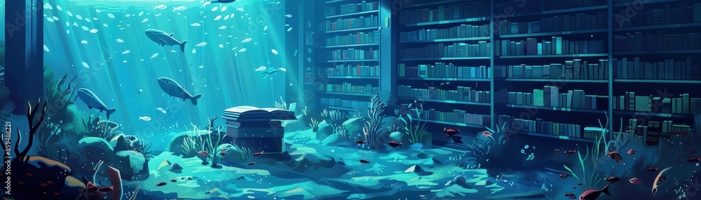 Surreal underwater library scene with fish swimming among bookshelves ...