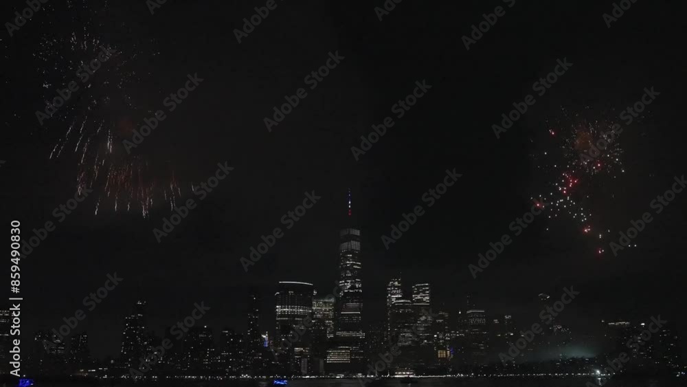 New York City Skyline Manhattan with Flashing Fireworks. New York ...