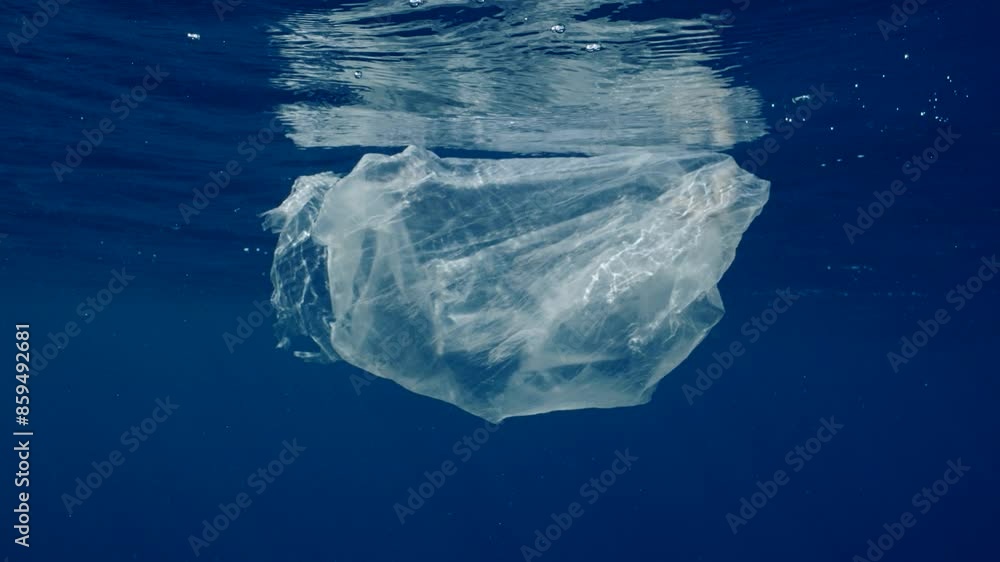 Disposable acrylic bag floating under waves reflected in surface of ...