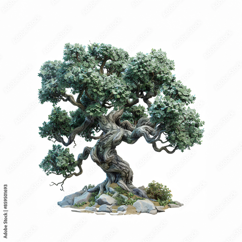 Hyper-realistic oak tree with intricate bark texture and sprawling branches, isolated on pure ...