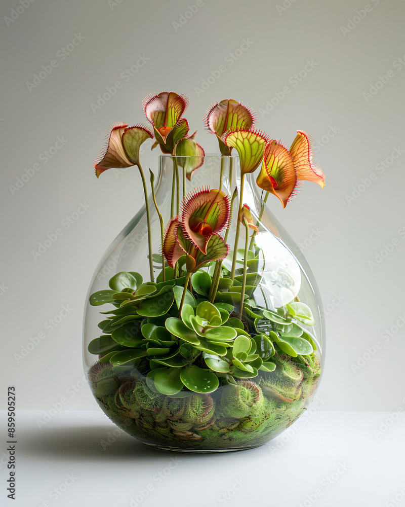 Whimsical potted Venus flytrap with open traps, in a clear glass ...