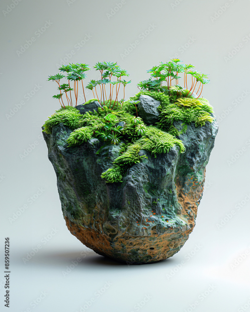 Primeval club moss with scaly stems and spore cones in a moss-covered ...