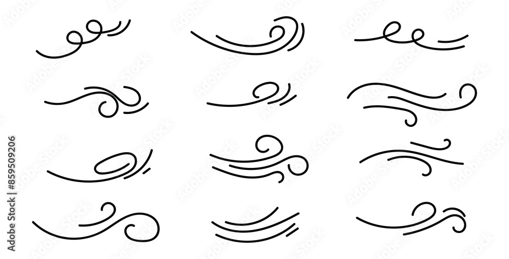 Doodle wind line sketch set. Hand drawn doodle wind motion, air blow ...